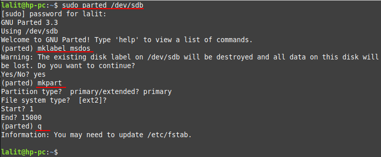 Using parted command to create partitions in Linux?